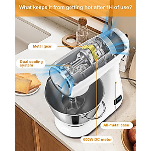 ZACME Mixers Kitchen Electric Stand Mixer, Aluminum die casting and Gears, 1 Hour Continuous Operation, Dual Cooling System, Low Noise DC Motor, LED Display and Timing Function, 600W 5.5QT, Food Grade