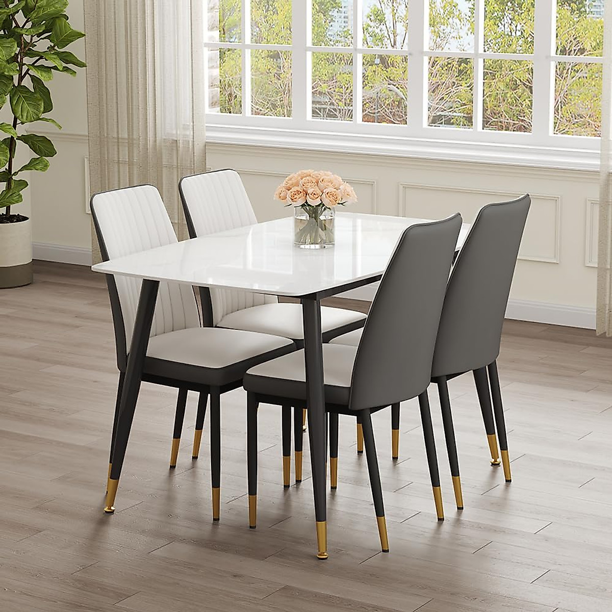 WEKEOT 50" White Modern Sintered Stone Dining Table Set for 4 Faux Marble Dining Table with 4 Upholstered PU Leather Chair Dining Room Table Set(1White Table+4White and Gray Chairs)