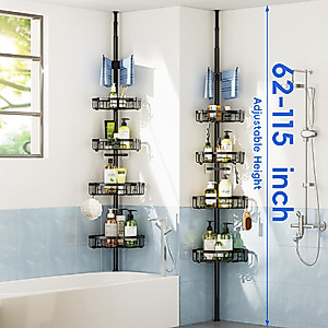 Coonoor Corner Shower Caddy Tension Pole - 62-115 INCH - 4-Tier Rustproof Bathroom Organizer Shelves, Adjustable Bathtub Tub Shampoo Storage