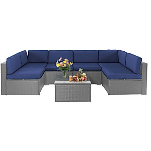 Crownland 7-Pieces Outdoor Patio Furniture Sets, All-Weather Grey Wicker Rattan Sectional Sofa, Modern Glass Coffee Table and Washable Seat Cushion with YKK Zipper (Dark Blue)