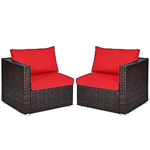 RELAX4LIFE 2-Piece Patio Rattan Loveseat - Sectional Corner Sofa Set w/Removable Cushions & Pillows, All Weather Furniture Set for Porch, Poolside, Balcony, Yard, Outdoor Wicker loveseat (Red)
