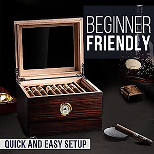 Cigar Humidor Box, Spanish Cedar Cigar Humidor Storage Box Holds 50-60 Cigar Humidors, Keeps 65% - 72% Like Humidity with Glass Top humidors, Stable Hygrometer, Humidifier and Accessory Drawer.