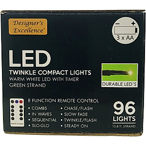 LED Twinkle Compact Lights 10.8Ft White w Green Strand Battery Operated 8 Function Remote Control - 10.8 Feet