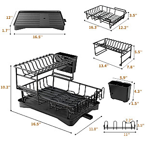 PINNIYOU Dish Drying Rack with Drainboard Set, 2 Tier Large Dish Racks with Drainage, Wine Glass Holder, Utensil Holder, Dish Drainers for Kitchen Counter (Black)