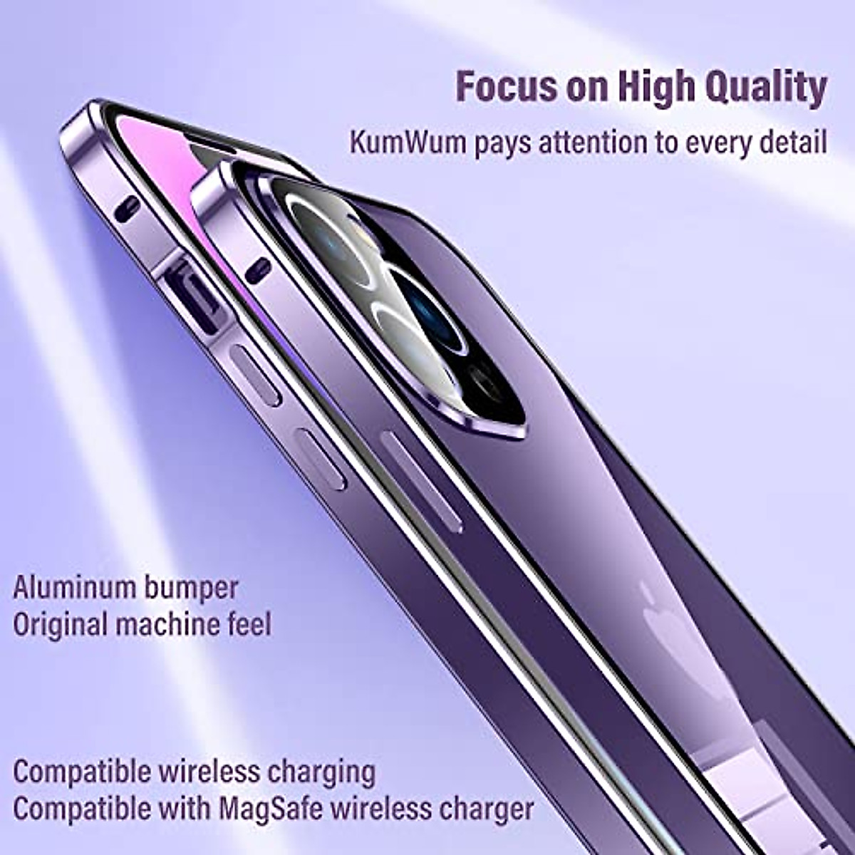 KumWum Magnetic Case for iPhone 14 Pro Max Front and Back Protection Ultra-Thin Tempered Glass Screen Protector Metal Bumper Double Sided Buckle Clear Cover with Camera Lens Protector - Purple