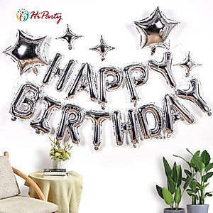 23pcs Birthday Balloons Banner, 3D Silver Premium Mylar Foil Ecofriendly Letter Happy Birthday Banner with 5pcs Star Balloons Kits for Kids Boys Men Adults Birthday Party Decorations US7SS