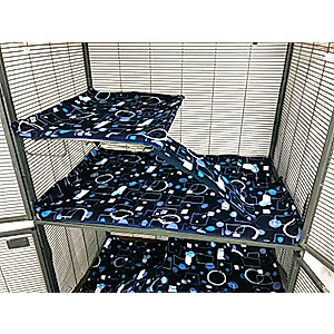 Handmade Fleece Cage Liners for Midwest Double Critter/Ferret Nation, Full set 7-pieces, Rats, Ferrets, Chinchillas, other small animals (Blue Retro Geometric)