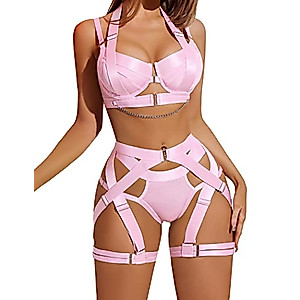 Avidlove Sexy Lingerie Set for Women Underwire Push Up Bra Lingerie Strappy Corset Lingerie with Garter and Chain(Pink,L)