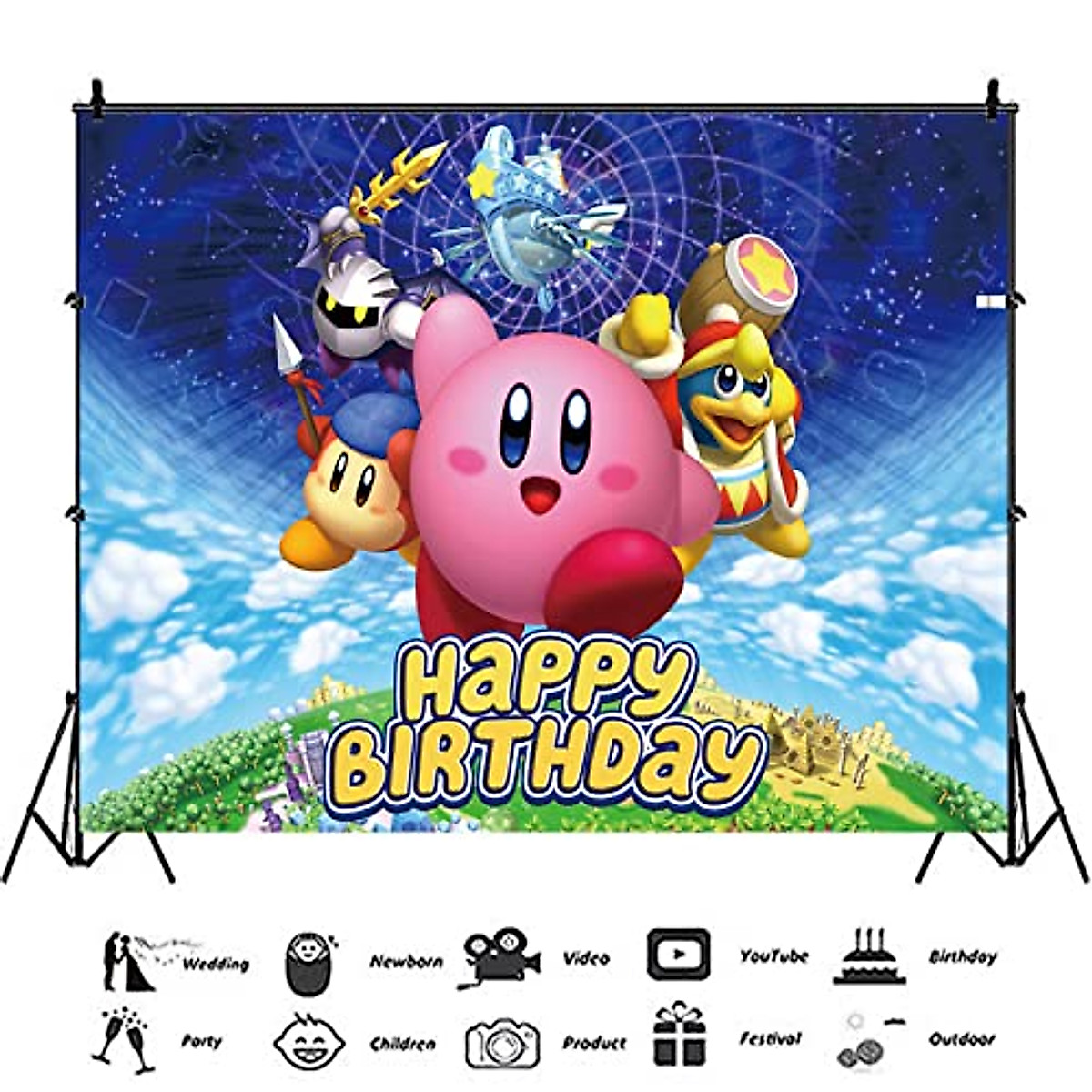 Kirby-Star Happy Birthday Photography Backdrop 5x3ft Princess Kids Kirby-Star Party Happy Birthday Party Decoration Photo Background