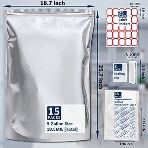 15 Pack 5 Gallon Mylar Bags with Oxygen Absorbers - 10.5 Mil Mylar Bags for Food Storage with 15 Single Sealed 2000cc Oxygen Absorbers & Labels & Clips - for Long Term Food Storage