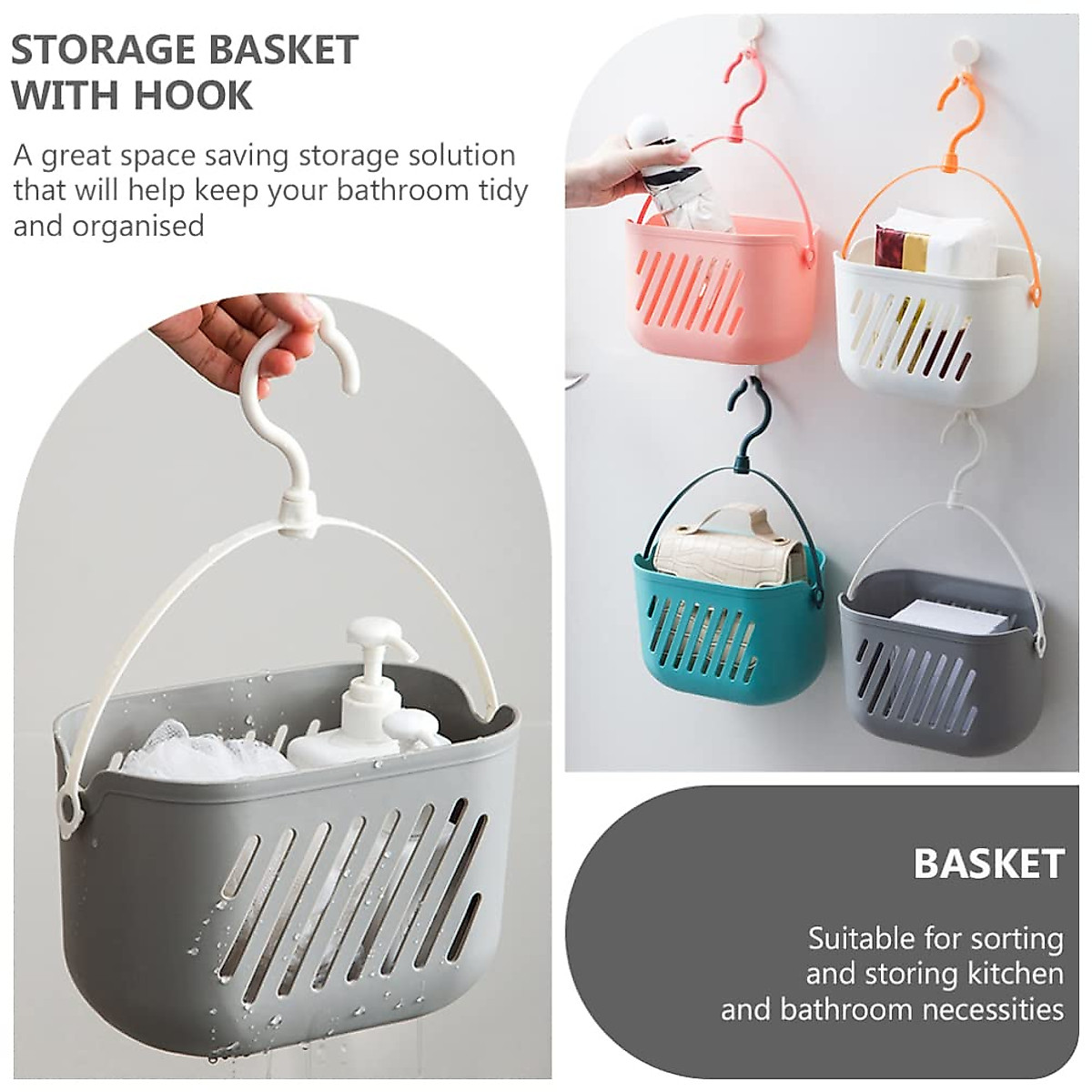 DOITOOL 2Pcs Hanging Shower Plastic Hanging Shower Baskets Portable Kitchen Organizer Storage Basket with Hook for Home Grey