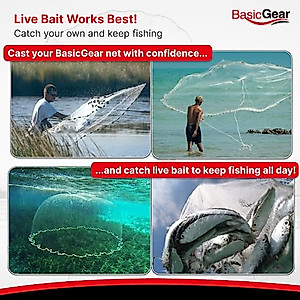 BasicGear Cast Net | Zinc Iron, 3ft Radius, 3/8 inch Mesh for Freshwater and Saltwater Bait Fish | Professional Grade and Upgraded Material | Throw Style