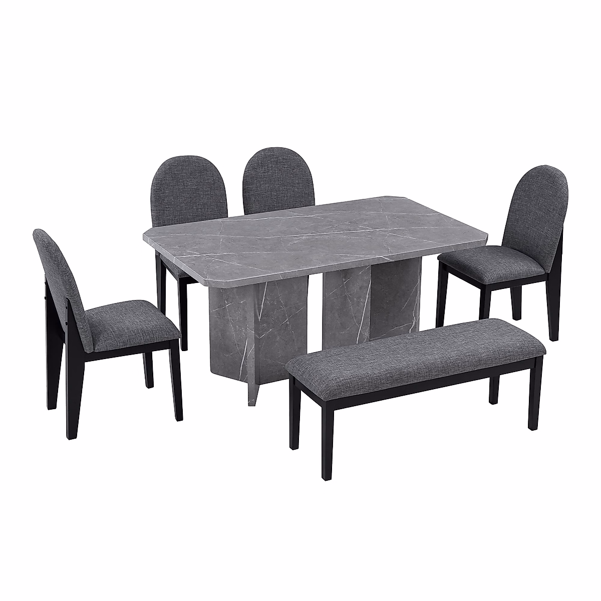 Merax 6 Pieces Dining Table Set with 4 Chairs and 1 Bench,Modern Faux Marble Kitchen Furniture, Gray