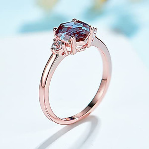 ITI KUOLOLIT Lab Alexandrite Gemstone Genuine 925 Sterling Silver Ring for Women 585 Rose Gold Plated Hexagon Cut Jewelry for Engagement Bride (Rose Gold Plated, 7)