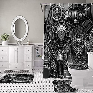 AtGoWac 4 Pieces Engine Shower Curtain Sets with Rugs, Black and White Man Cave Shower Curtain Set of 4 Piece, Men's Bathroom Decor