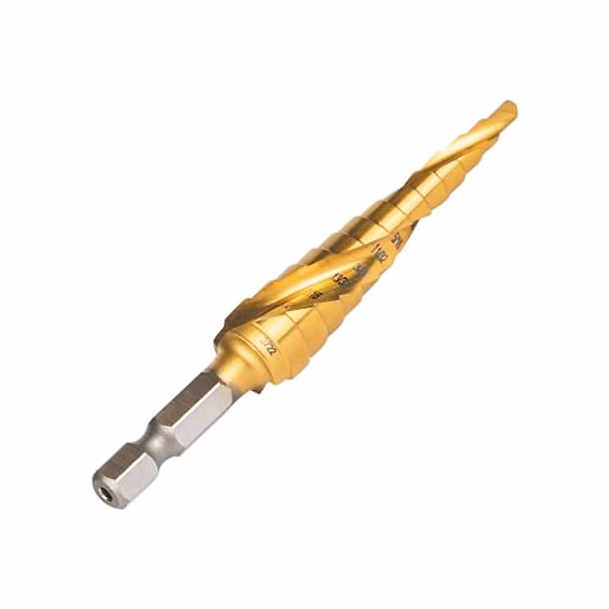 Klein Tools 25964 Step Drill Bit, 1/8 to 1/2-Inch, Spiral Double-Fluted, Cuts Thin Metal, Plastic, Aluminum, Wood, 1/4-Inch Hex Shank, VACO