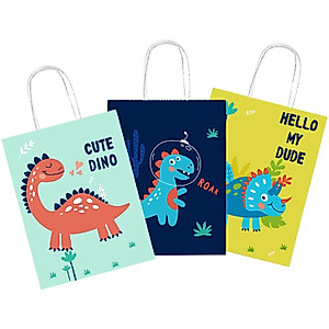 PINWATT 30Pcs Cute Dinosaur Gift Bags with Handles, 8.7 inches Small Paper Bags, Party Treat Favor Bags, Goodie Bags for Birthday, Baby Shower, Christmas, Halloween, Graduations,Party Supplies