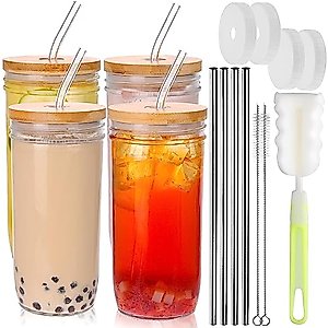 Moretoes 4pcs 24oz Glass Cups with Lids and Straws, Mason Jar Cups, Iced Coffee Tumblers for Jumbo Smoothie, Bubble Tea, Cold Brew, Soda