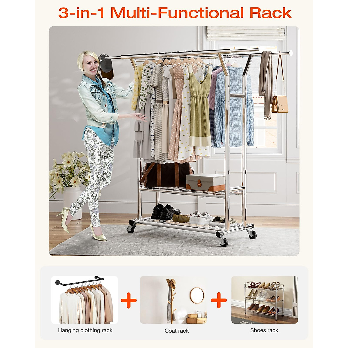 XBurmo Heavy Duty Clothing Rack - Portable Rolling Clothes Rack with Wheels, Adjustable Garment Racks for Hanging Clothes, Free Standing Metal Clothing Rack for Home, Commercial, Laundry Room, Silver
