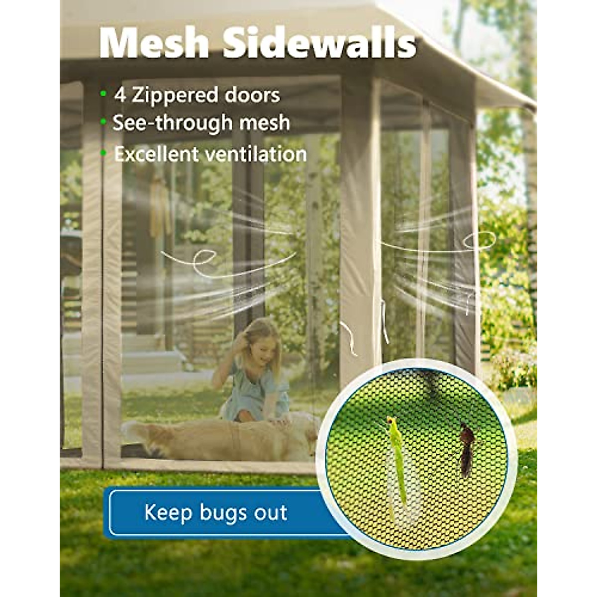 Quictent 11’x11’ Pop up Gazebo Canopy Tent with Mosquito Netting, One Person Setup Vented Outdoor Instant Screened House Tent Shelter with 4 Sand Bags, Khaki