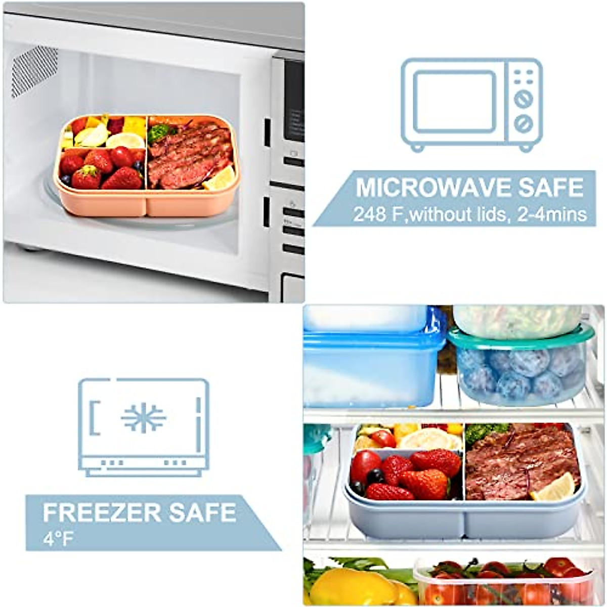 Jeopace Bento Box, Bento Box Adult Lunch Box,Kids Bento Box with 3 Compartments,Lunch Containers Microwave Safe(Flatware Included,Blue+Purple)