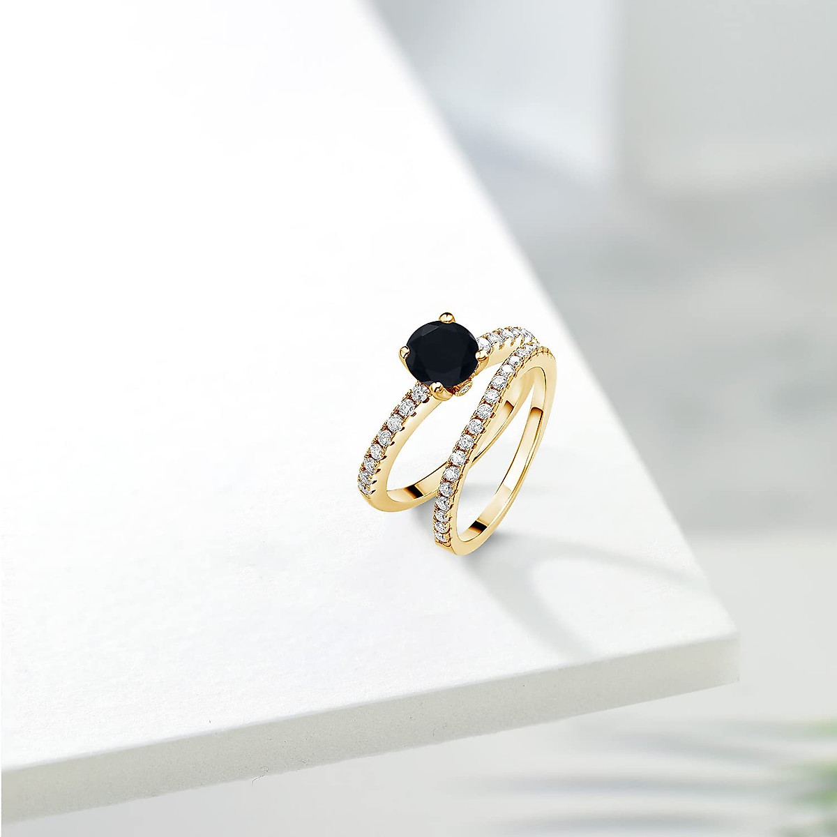 18K Yellow Gold Plated Silver Black Onyx and White Moissanite Wedding Engagement Band Bridal Set Ring For Women (1.29 Cttw, Gemstone December Birthstone, Available In Size 5, 6, 7, 8, 9)