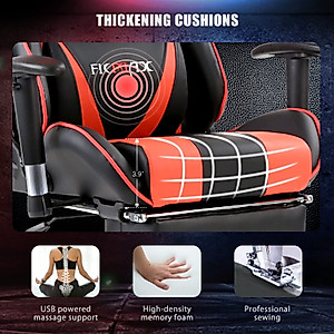FICMAX Massage Gaming Chair Ergonomic Gamer Chair with Footrest Reclining Computer Gaming Chair Racing Style Home Office Chair High Back Gaming Desk Chair with Headrest and Lumbar Support(Black/Red)