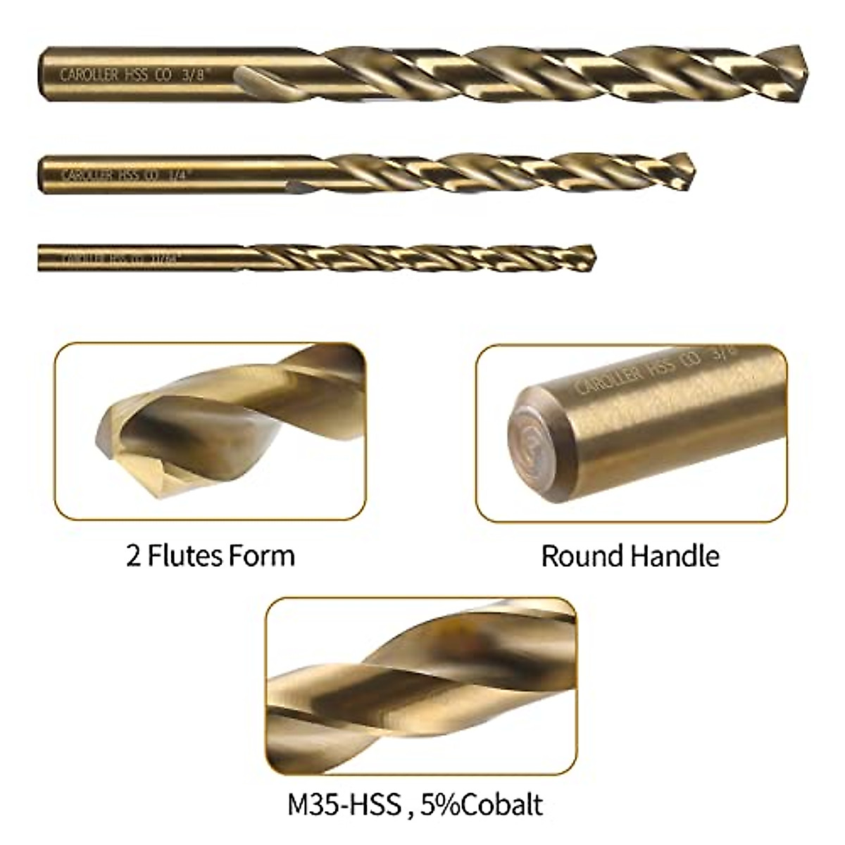 CaRoller Drill Bit Set - M35 Cobalt Drill Bit - 15 Pcs High Speed Steel Twist Jobber Length Drill Set 1/16"-3/8" for Hardened Metal, Stainless Steel, Cast Iron, Wood and Plastic with Round Shank