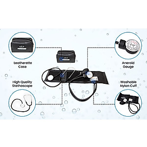 PrimaCare Medical DS-9197-BK Professional Classic Series Manual Adult Size Blood Pressure Kit, Emergency Bp kit with Stethoscope and Portable Leatherette Case, Nylon Cuff, Black