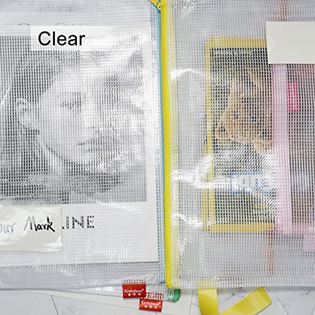 Kinhshion Zipper Pouch Set of 12 PVC Zipper Bags with Name Card Clear Zipper Pouch A4 Plastic Organizer Bag Zipper Folder Bag Cosmetic Bags Travel Storage Bags 4 Colours