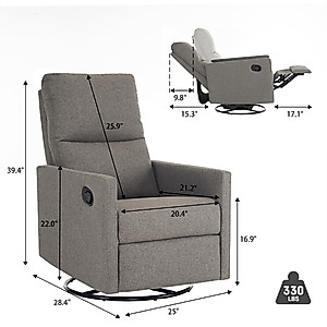 Ketaiyou Swivel Rocking Recliner Chair for Adults, Rocker Nursery Glider Chair for Living Room Bedroom, Upholstered Fabric Reclining Single Sofa Chair(Grey)