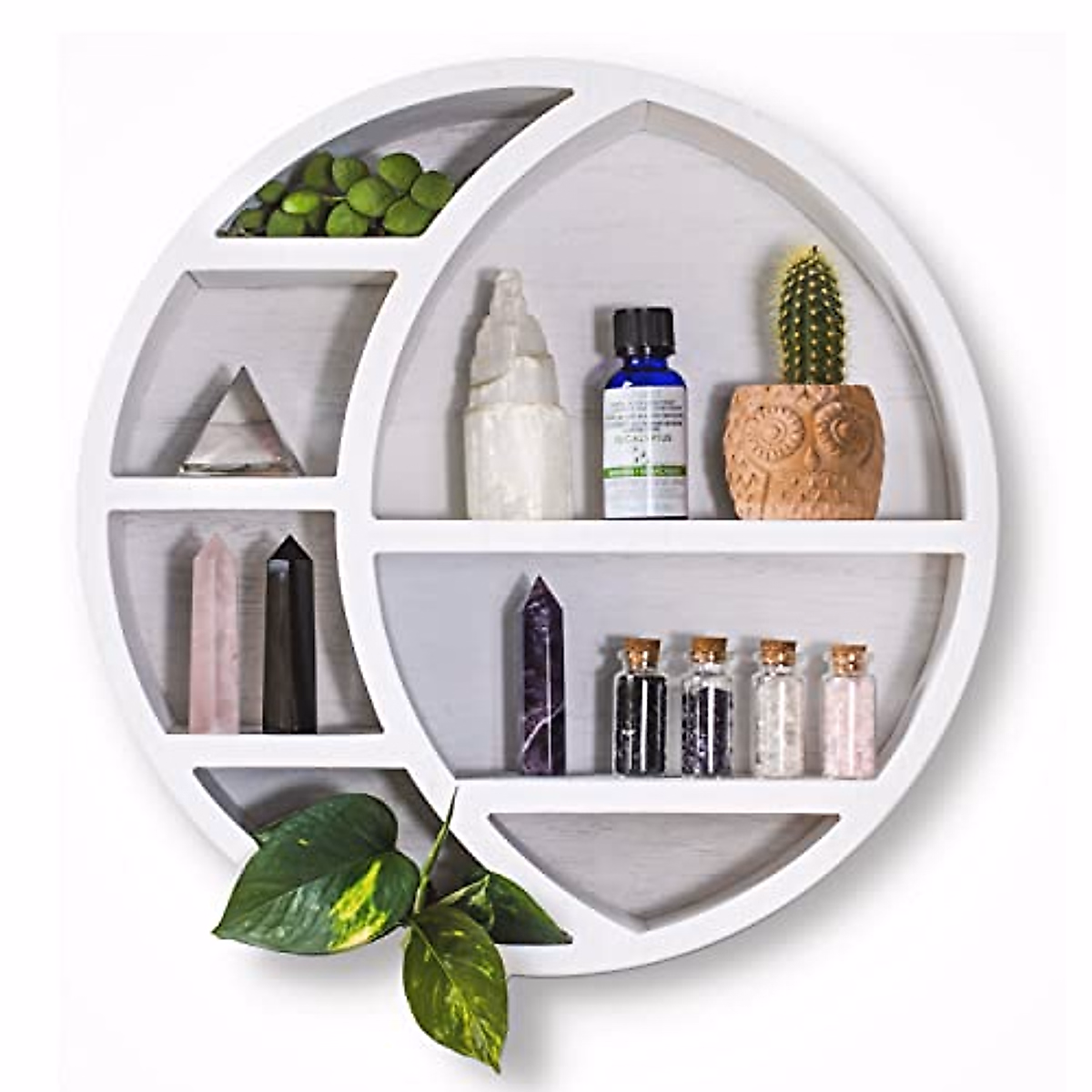 CNF Concepts Crescent Moon Shelf – Wooden with Rose Quartz Crystal Rustic Display for Healing Crystals, Essential Oils Wall-Mounted Home Decor, White