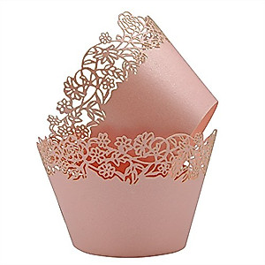 Cupcake Wrappers Pack of 50 Pink Filigree Artistic Bake Cake Paper Cups Little Vine Lace Laser Cut Liner Baking Cup Muffin Case Trays for Wedding Party Birthday Decoration -By KPOSIYA