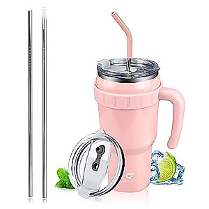Camicour 40 Oz Tumbler With Handle Insulated Travel Mug With Straw，Reusable Stainless Steel Water Bottle Travel Mug Iced Coffee Cup，Keeps Drinks Cold Up To 34 Hours Or Hot For 12 Hours (Pink)