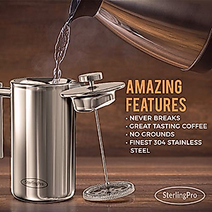 SterlingPro French Press Coffee Maker(1.75L)-Double Walled Large Coffee Press with 2 Free Filters-Enjoy Granule-Free Coffee Guaranteed, Stylish Rust Free Kitchen Accessory-Stainless Steel French Press