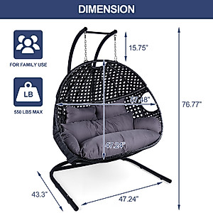 JESE Double Swing Egg Chair with Stand Indoor Outdoor,UV Resistant Cushion 2 People Hanging Anti-Rust Wicker Rattan Frame 530 lbs Capacity Oversized Hammock for Patio Bedroom Balcony，Black