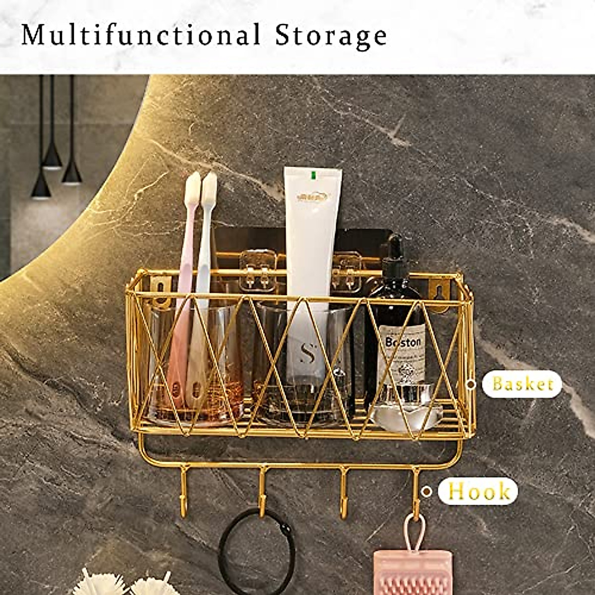 Shower Toilet Caddy Gold Basket Wallet Handing Bathroom Rack Storage Organizer Holder Shelf with Hook, S size
