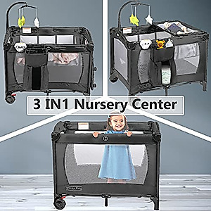 Kinder King 3 in 1 Portable Nursery Center, Foldable Playard for Baby & Toddler, Infant Pack n Play w/Bassinet, Removable Mattress, Newborn Changing Table, Travel Bag, Music Box, Storage Basket, Grey