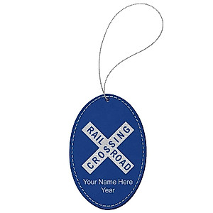 LaserGram Faux Leather Christmas Ornament, Railroad Crossing Sign 1, Personalized Engraving Included (Dark Blue, Oval)