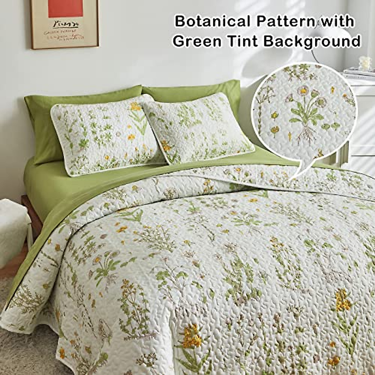 Joyreap 3 Pieces Reversible Quilt Set, Smooth Soft Microfiber Quilt, Yellow Flowers Green Leaves Botanical Design, Bedspread Bed Cover for All Season, 1 Quilt n 2 Pillow Shams (Full/Queen, 90x90)