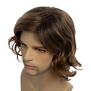 Beweig Mens Brown Wig Short Curly Side Part Synthetic Hair Replacement Wig for Daily Party Costume Halloween