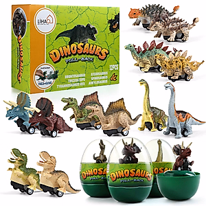 LIHAO 12 Pack Dinosaur Pull Back Cars with Jumbo Eggs, Filled Easter Eggs with Toy Inside for Easter Basket Stuffers, Party Favors, Egg Hunt Dinosaur Birthday Party Favors Supplies
