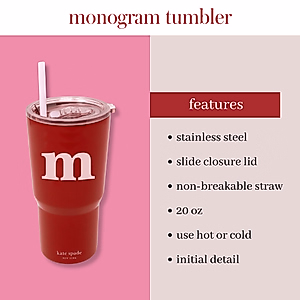 kate spade new york 20 Ounce Insulated Initial Tumbler for Cold and Hot Drinks with Reusable Straw, Stainless Steel Travel Cup with Slide Top Lid (M)