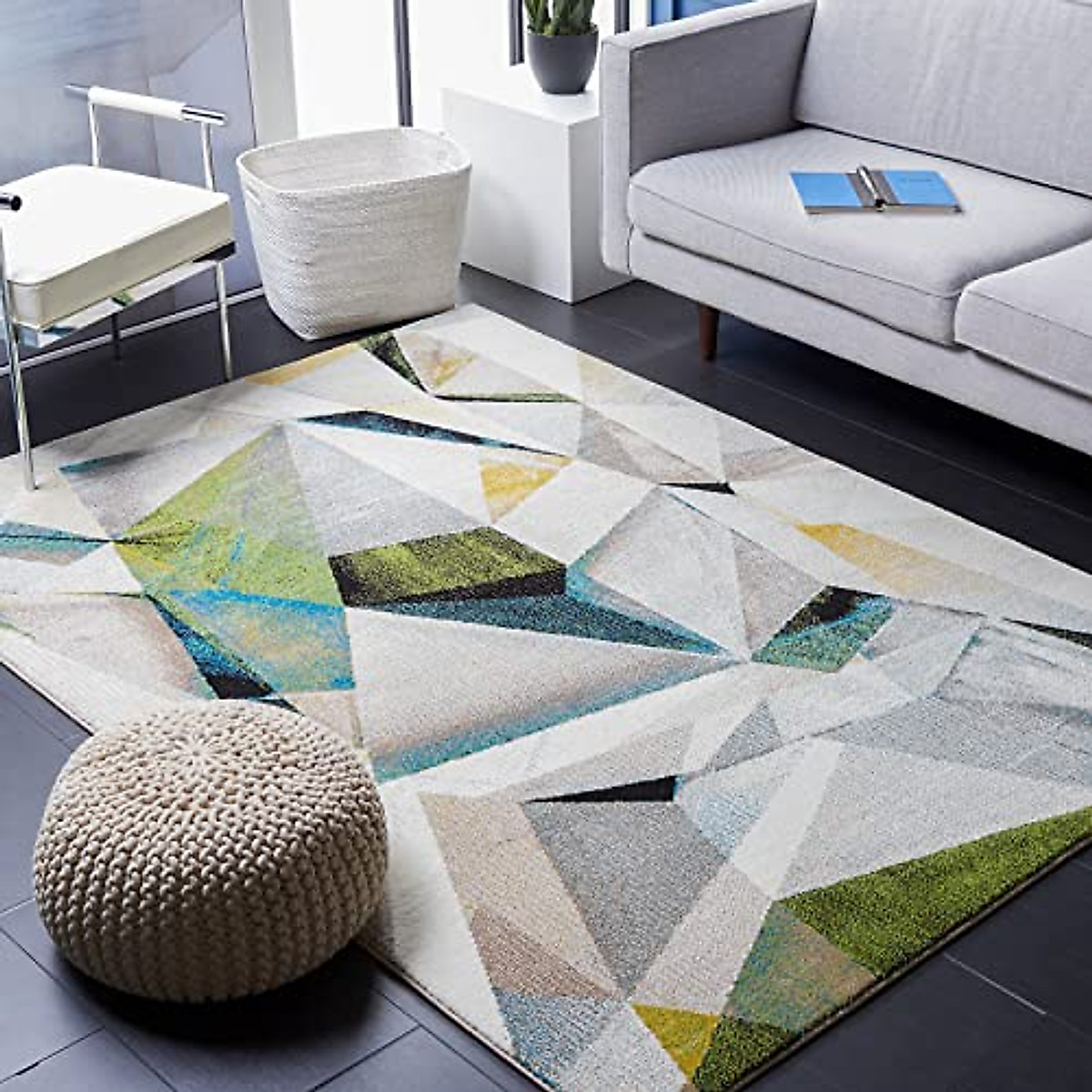 SAFAVIEH Porcello Collection 6'7" Round Light Grey/Orange PRL6940F Modern Abstract Non-Shedding Dining Room Entryway Foyer Living Room Bedroom Area Rug