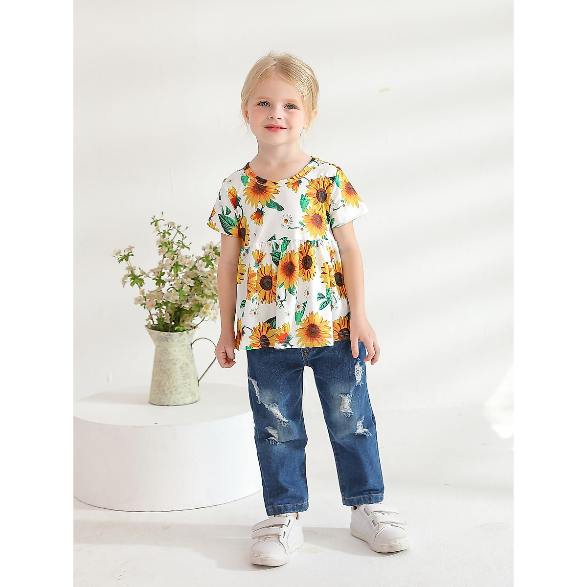 Derouetkia Girls Clothes Outfits Toddler Infant Baby Girl Short Sleeve Floral Ruffle Tops Ripped Jeans Pants Sets (2-3T) Yellow