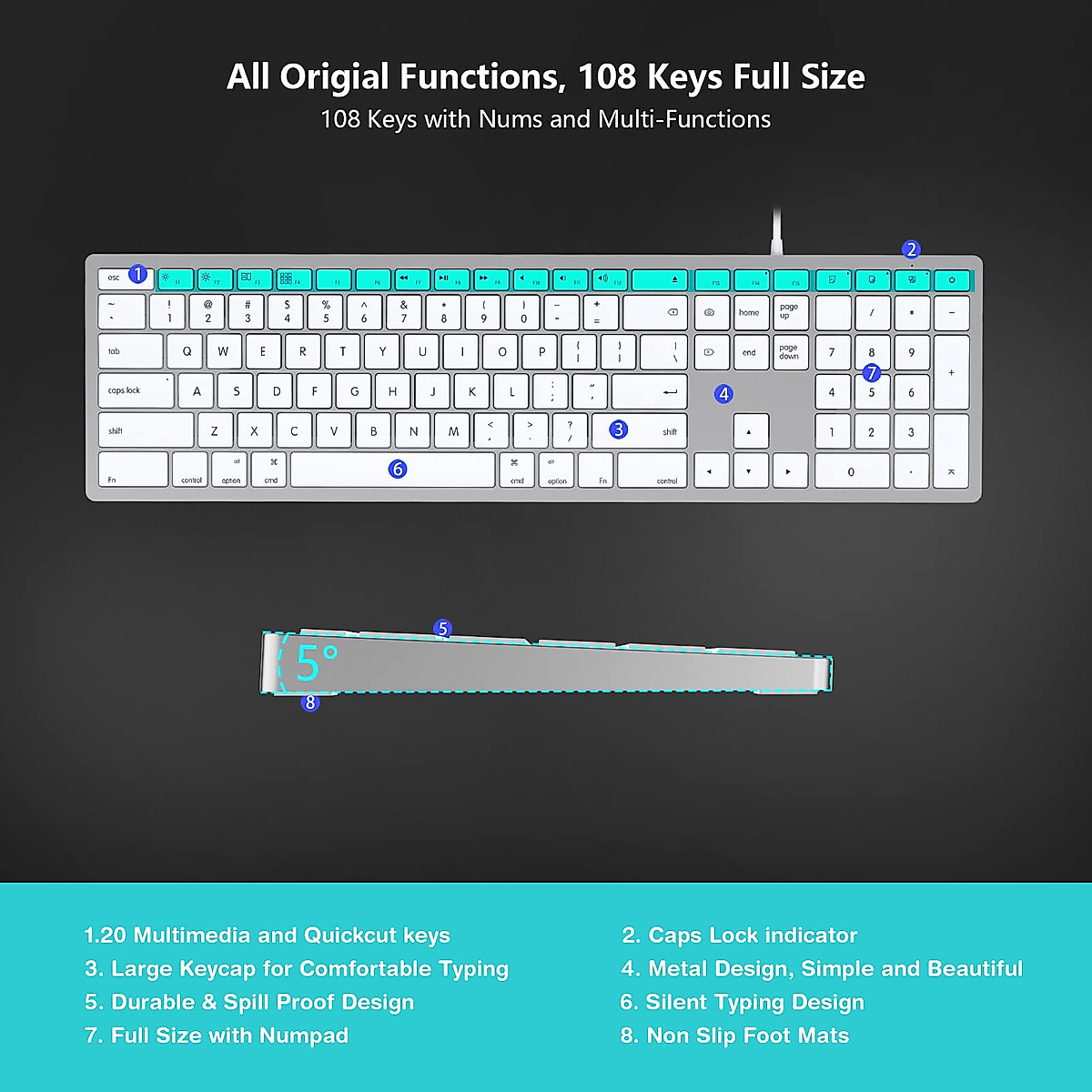 Acebaff Keyboard for Mac,Compatible Apple Keyboard with Large Keys,Full Size Computer Keyboards with 20 Multimedia Shortcut Keys, USB A/USB C Wired Keyboard for Apple Mac Pro/Mini,MacBook Pro/Air,iMac