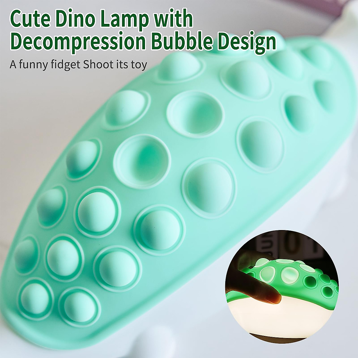 SALUOKE Dinosaur Kids Night Light,Silicone Nursery Dino Lamp with Pop Bubble,7 Nightlight Modes Rechargeable Bedside Touch Lamp,Baby Room Decor,Cute Lamp Dinosaurs Gifts for Toddler(Green)