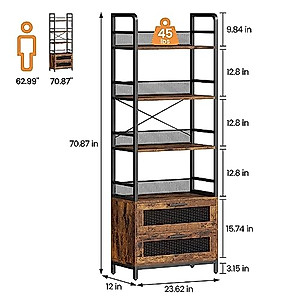 IDEALHOUSE Bookshelf with Drawers Industrial Bookcase with 4 Tiers Open Storage Shelves Rustic Bookshelves 70.87" Tall Display Racks Farmhouse Bookshelf for Bedroom, Living Room, Home Office, Brown