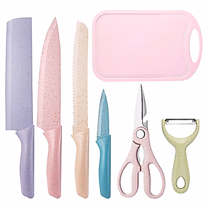 Colorful Kitchen Knife Set, 7 Pieces Sharp Kitchen Knives Set Including Cuchillos, Scissors, Peelers, Cutting Board - Stainless Steel Blade Knife for Slicing, Paring, Chopping, Cooking Knife