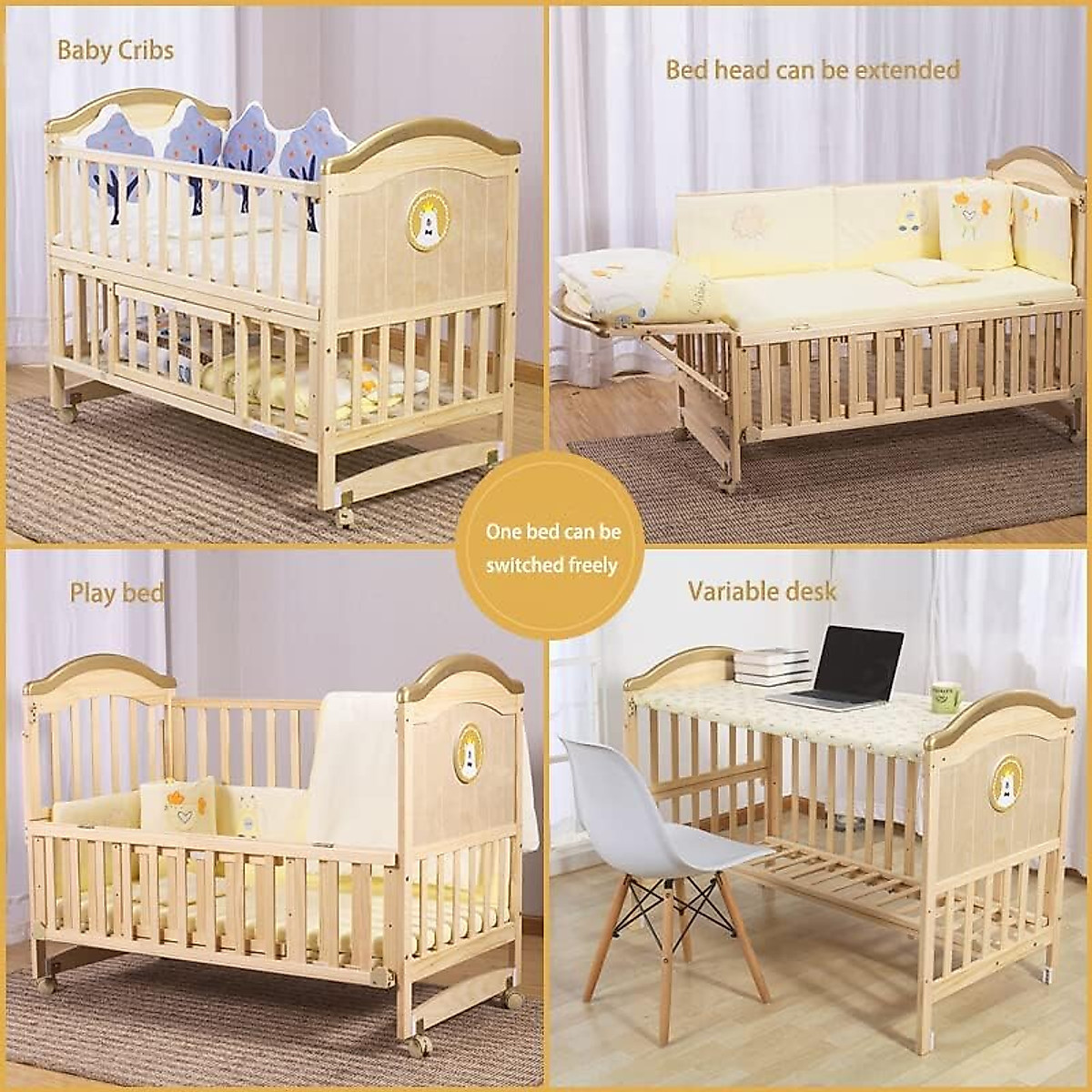 Styhigh 4 in 1 Convertible Crib, Portable Convert to Toddler Bed, Bassinet Bedside Sleeper, Playpen, 2 Leg Modes Baby Beds with Mattress & Mosquito Net,Adjustable Heigh Mini Crib CPC Certificated